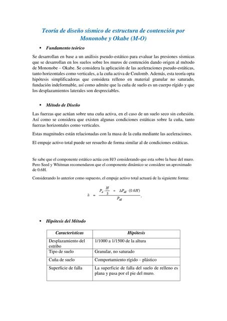 Teoría de diseño sísmico de estructura de contención por Mononobe y ...