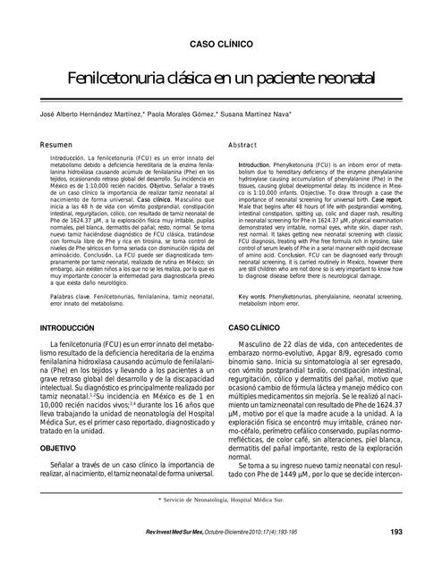 Fenilcetonuria clásica en un paciente neonatal | K | uDocz