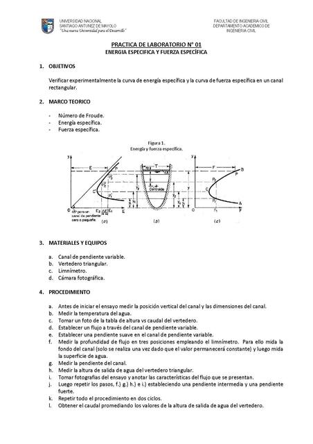 Practica de Laboratorio 1 energía especifica y fuerza especifica | Carlos Terrones Hidalgo | uDocz