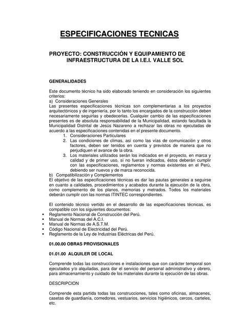 Especificaciones técnicas del proyecto construcción y equipamiento de infraestructura de la I.E ...
