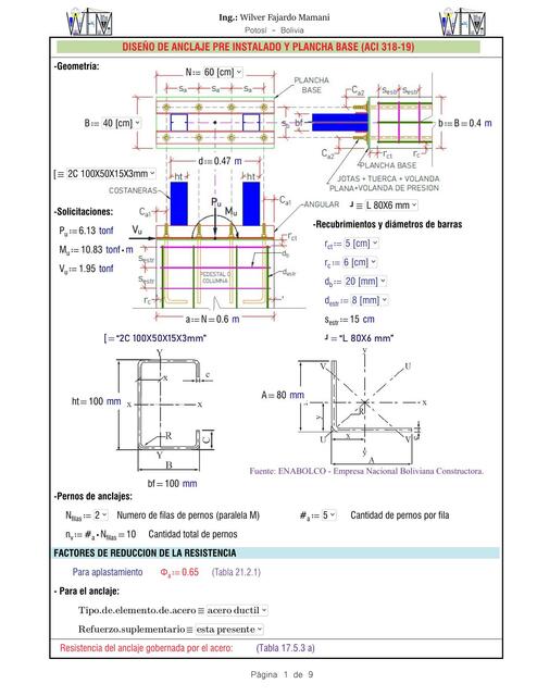 DISEÑO DE ANCLAJE PRE INSTALADO Y PLANCHA BASE (ACI 318-19) | Wilver ...