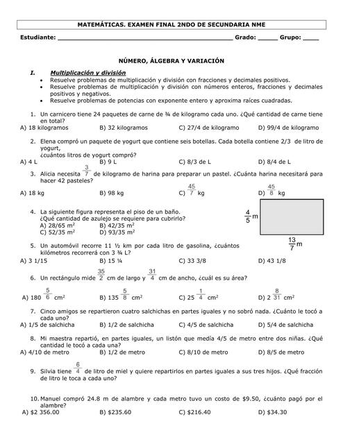 Matemáticas, examen final 2do de secundaria | Expertos en Exámenes | uDocz
