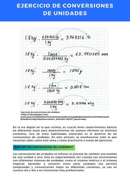 Ejercicio de conversiones de unidades | Facilitando tu estudio | uDocz
