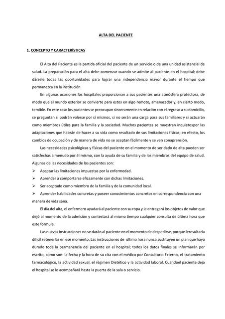 Alta del Paciente | Enfermería | uDocz