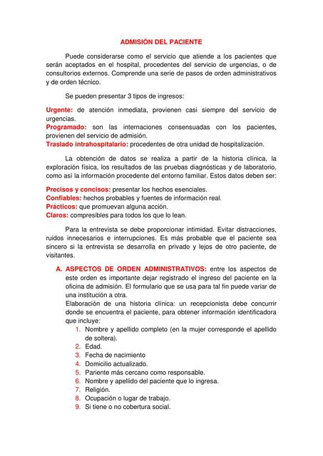 Admisión del paciente | Enfermería | uDocz