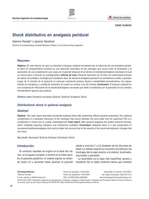 Shock Distributivo en Analgesia Peridural | YESICA QUENTA QUISPE | uDocz