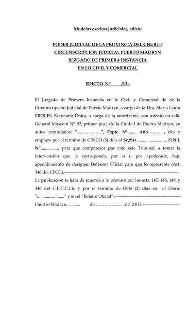 Modelos escritos judiciales, edicto | Derecho y leyes | uDocz