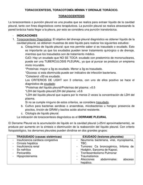 Toracocentesis, toracotomía mínima y drenaje torácico | ayudadita | uDocz