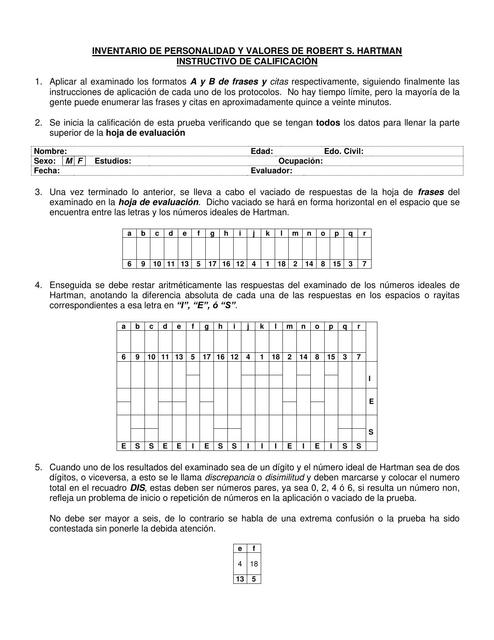 Inventario de Personalidad y Valores de Robert S. Hartman Instructivo ...