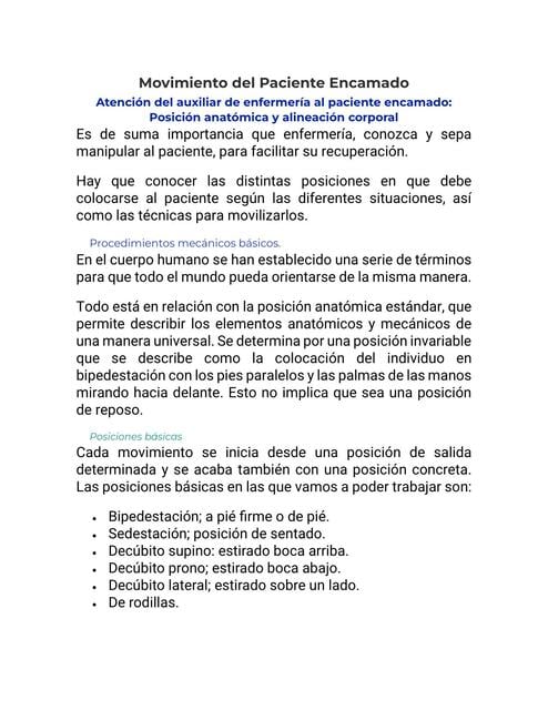 Movimiento del paciente encamado | Aura Ester Peréz Rada | uDocz