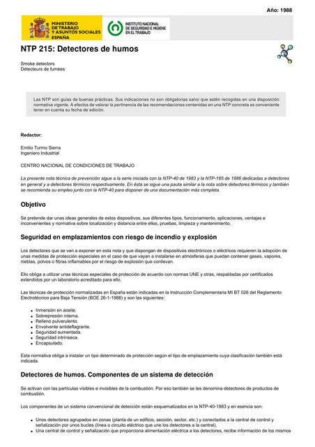 NTP 215 Detectores de humos | Investigación y estudios | uDocz