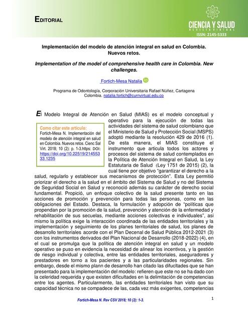 Implementación del Modelo de Atención Integral en Salud en Colombia | ensaludyconocimiento | uDocz