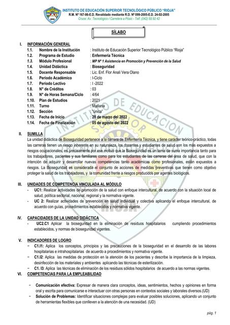 Silabo De Bioseguridad En Enfermeria Romina Del Pilar Oyarce Pilco