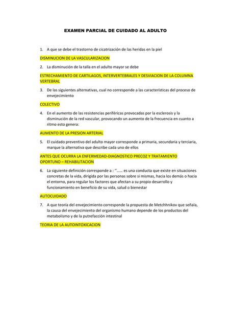 Examen Parcial De Cuidado Al Adulto Nursing Apuntes Udocz