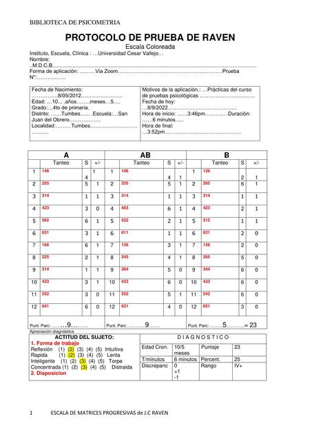 Protocolo de Respuestas y claves (TEST DE RAVEN) | SMPD | uDocz