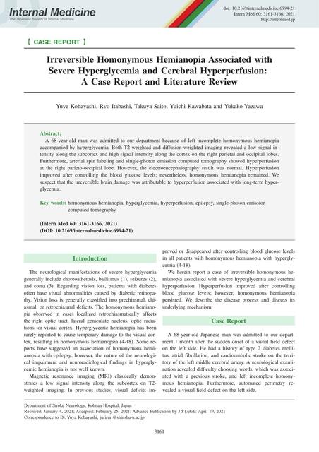 rreversible Homonymous Hemianopia Associated with Severe Hyperglycemia ...