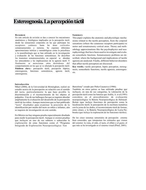 Estereognosia. La percepción táctil | Medicina y Farmacia | uDocz