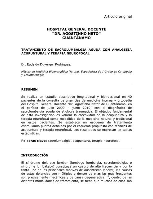 Tratamiento de Sacrolumbalgia Aguda con Analgesia Acupuntural y Terapia ...