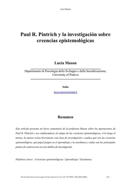 Paul R Pintrich a la Investigación sobre Creencias Epistemológicas ...