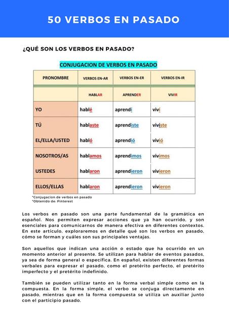 50 verbos en pasado | Facilitando tu estudio | uDocz