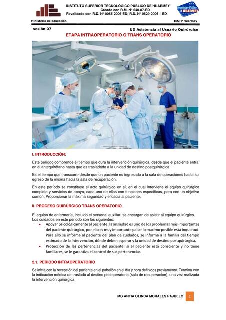 Etapa intraoperatorio o trans operatorio | Tatiana Pomiano | uDocz
