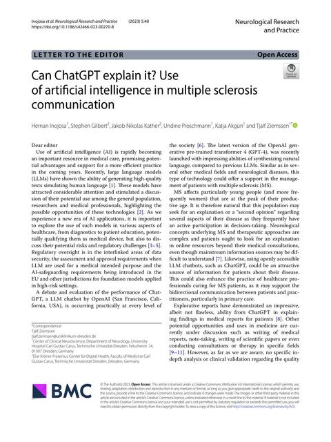 Can ChatGPT explain it? Use of artificial intelligence in multiple sclerosis communication | Moi ...