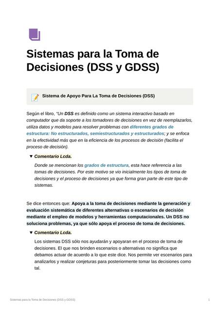 Sistemas para la Toma de Decisiones DSS y GDSS | Jose Culajay | uDocz
