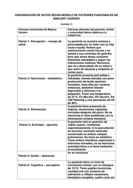 Organización de Datos Según Modelo de Patrones Funcionales de Marjory ...