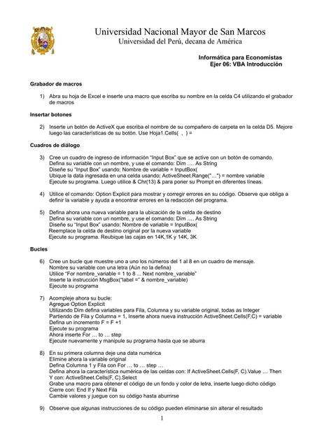 Ejer 06 VBA Introducción | XIMENA ELVIRA TINOCO GARCIA | uDocz