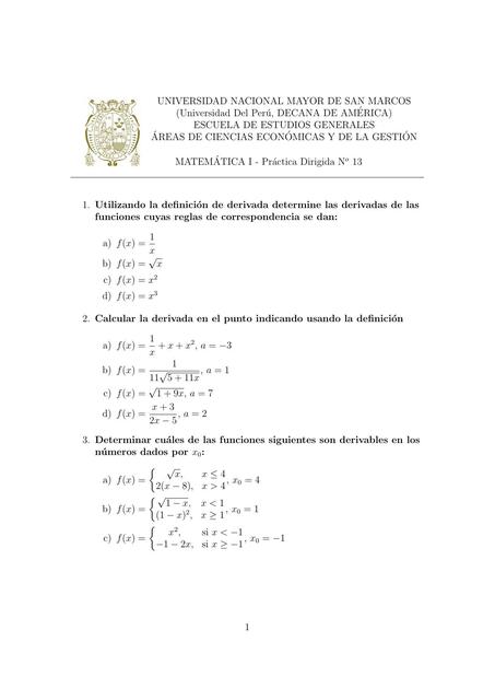 MATEM´ ATICA I - Pr´actica Dirigida No13 | Valery Zarate | uDocz