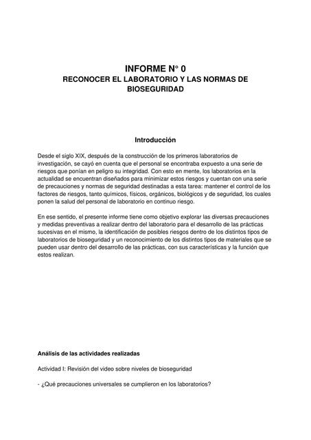 Informe N° 0 Reconocer El Laboratorio Y Las Normas De Bioseguridad