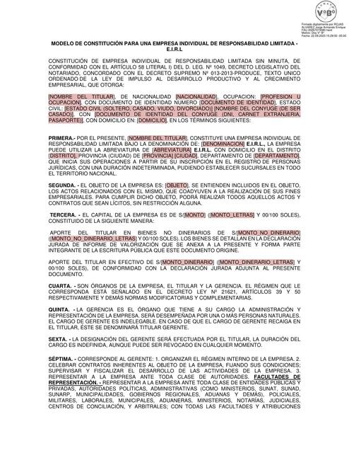 Modelo de constitución para una Empresa Individual de responsabilidad limitada | uDocz