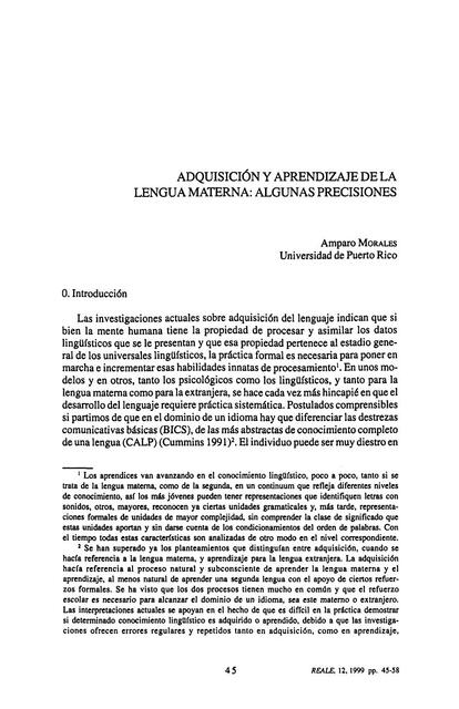 Adquisición y aprendizaje de la lengua materna. Algunas Precisiones ...