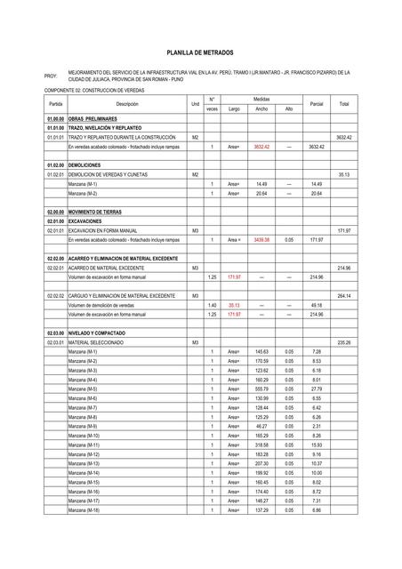PLANILLA DE METRADOS VEREDA | Taimard Taipe | uDocz
