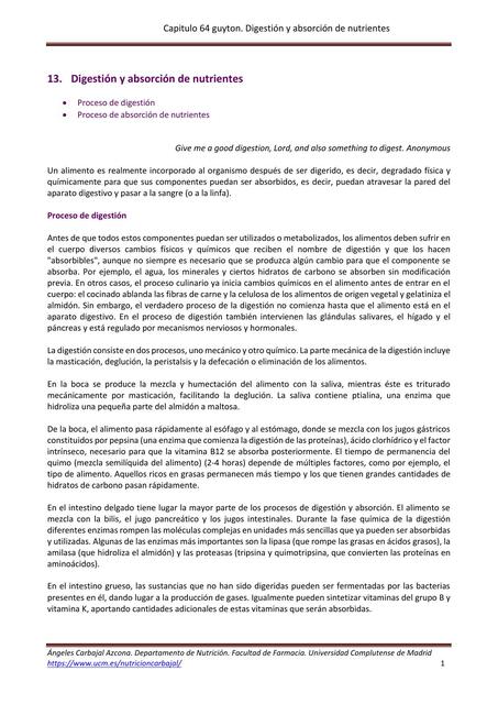 Capitulo 64 guyton Digestión y absorción de nutrie | Biología General | uDocz