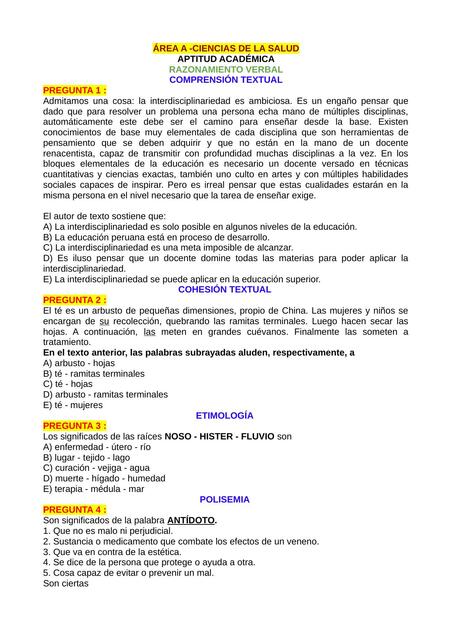 Examen de Admisión UNT Ciencias de la Salud | Expertos en Exámenes | uDocz