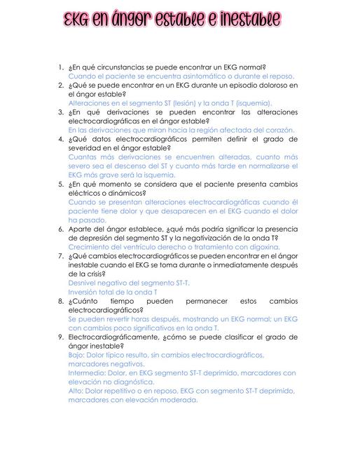 EKG en ángor estable e inestable cuestionario | Katy González | uDocz