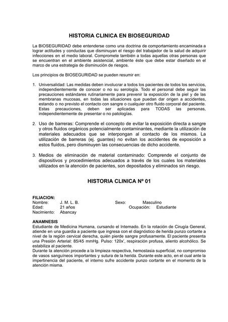 Historia clínica en bioseguridad | LUIS ALESSANDRO NONTOL HUERTA | uDocz