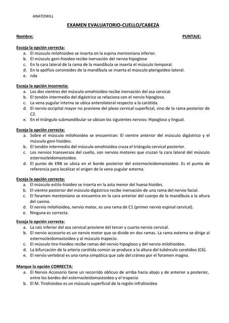 Examen evaluatorio cuello/cabeza | uDocz