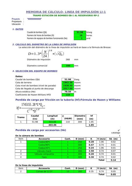 Memoria de Cálculo de Lineas de Impulsión | Ingeniería Civil | uDocz