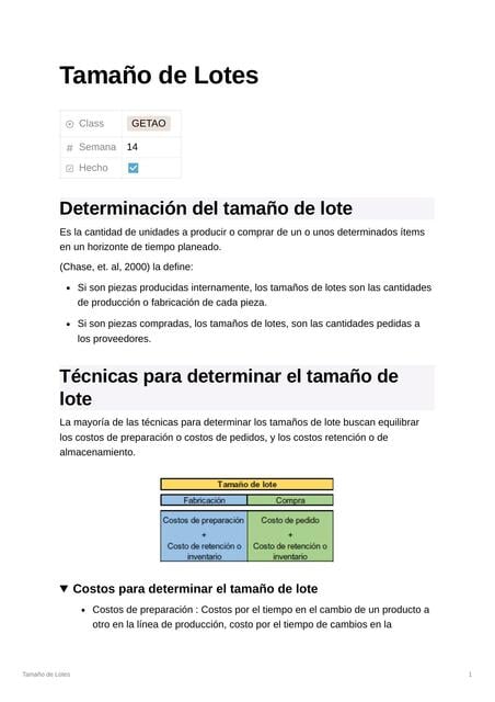Tamano de Lotes - GETAO S14 | Study Ingeniería | uDocz