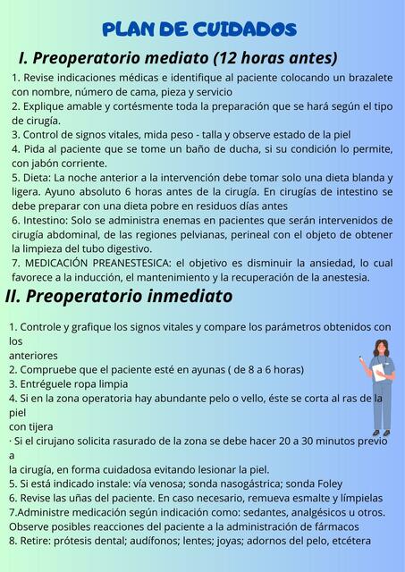 PLAN DE CUIDADOS PREOPERATORIO MEDIATO E INMEDIATO | Erica AF | uDocz