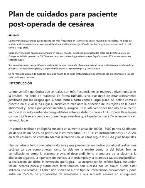 Plan de cuidados para paciente post operada de cesárea | Aura Ester ...