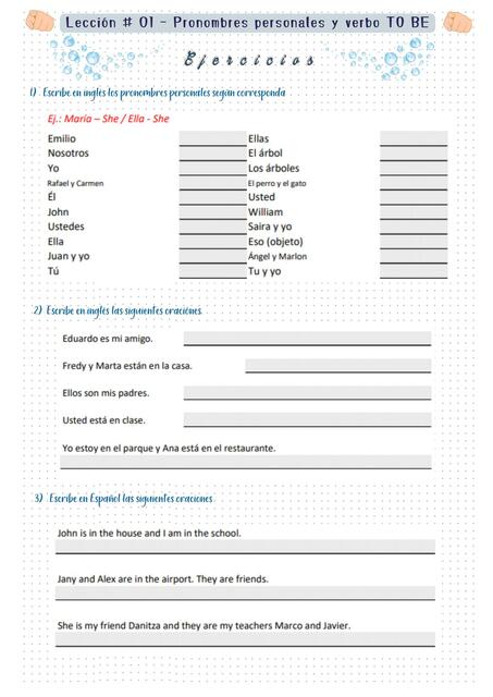 Ejercicio 01 Pronombres personales y verbo TO BE | Katiusca Hernández | uDocz