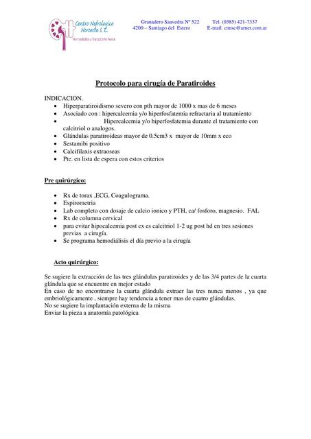 protocolo de paratiroidectomia | Victoria Mitre | uDocz