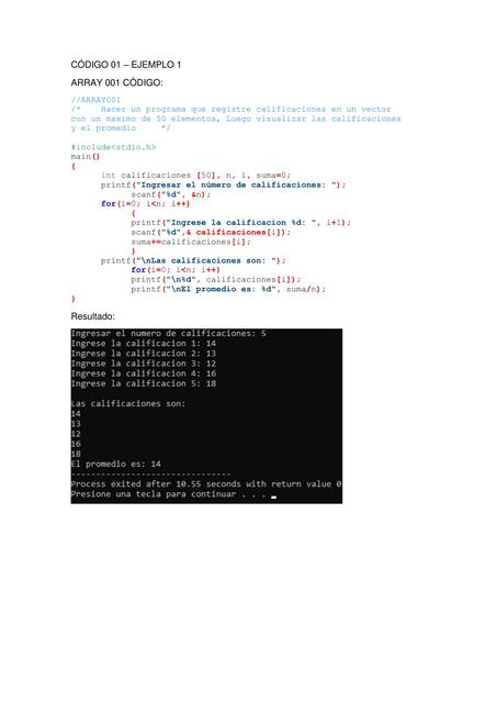 ARRAY 001 Código – Ejemplo 1 | Estadística e informática | uDocz