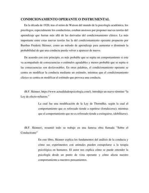 Condicionamiento Operante o Instrumental | Duberly alfonso Tomapasca Ramírez | uDocz
