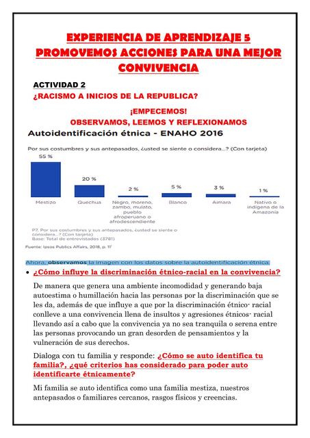Experiencia de aprendizaje 5 promovemos acciones para una mejor convivencia | uDocz