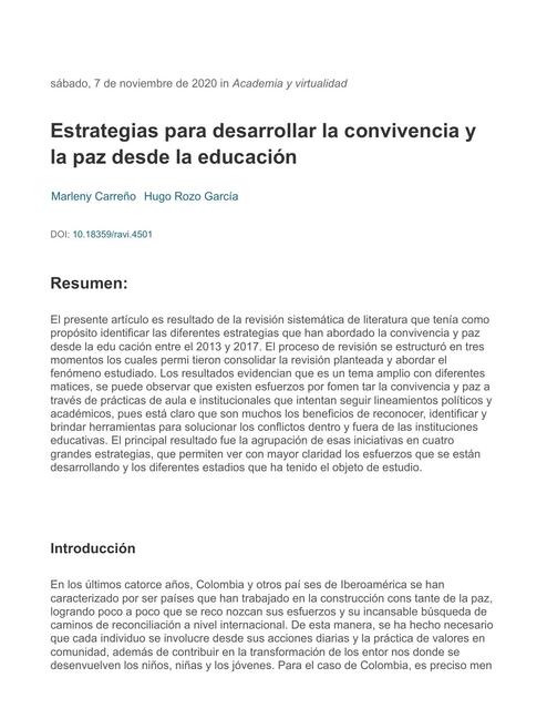 Estrategias para desarrollar la convivencia y la paz desde la educaci贸n ... Estrategias para desarrollar la convivencia y la paz desde la educaci贸n ...