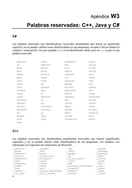 Palabras reservadas: C++, Java y C# | Estadística e informática | uDocz